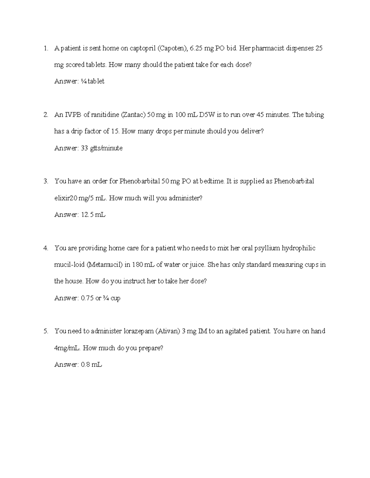 Dosage Calculation Practice Worksheet 7 A Patient Is Sent Home On 