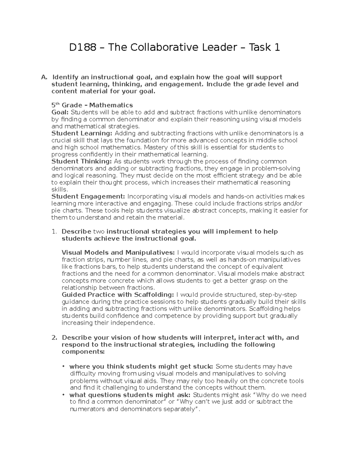 D188 - Task 1 - Passed - D188 – The Collaborative Leader – Task 1 A ...