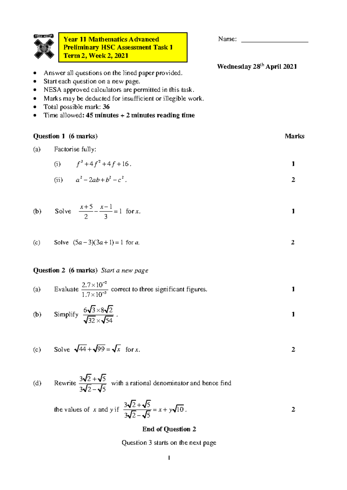 2021 adv maths at1 - past paper - Answer all questions on the lined ...