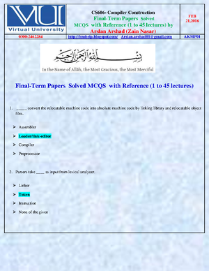 CS606 Mid Term MCQs With Refrence Solved By Arslan Arshad Zain - CS606- Compiler Construction ...