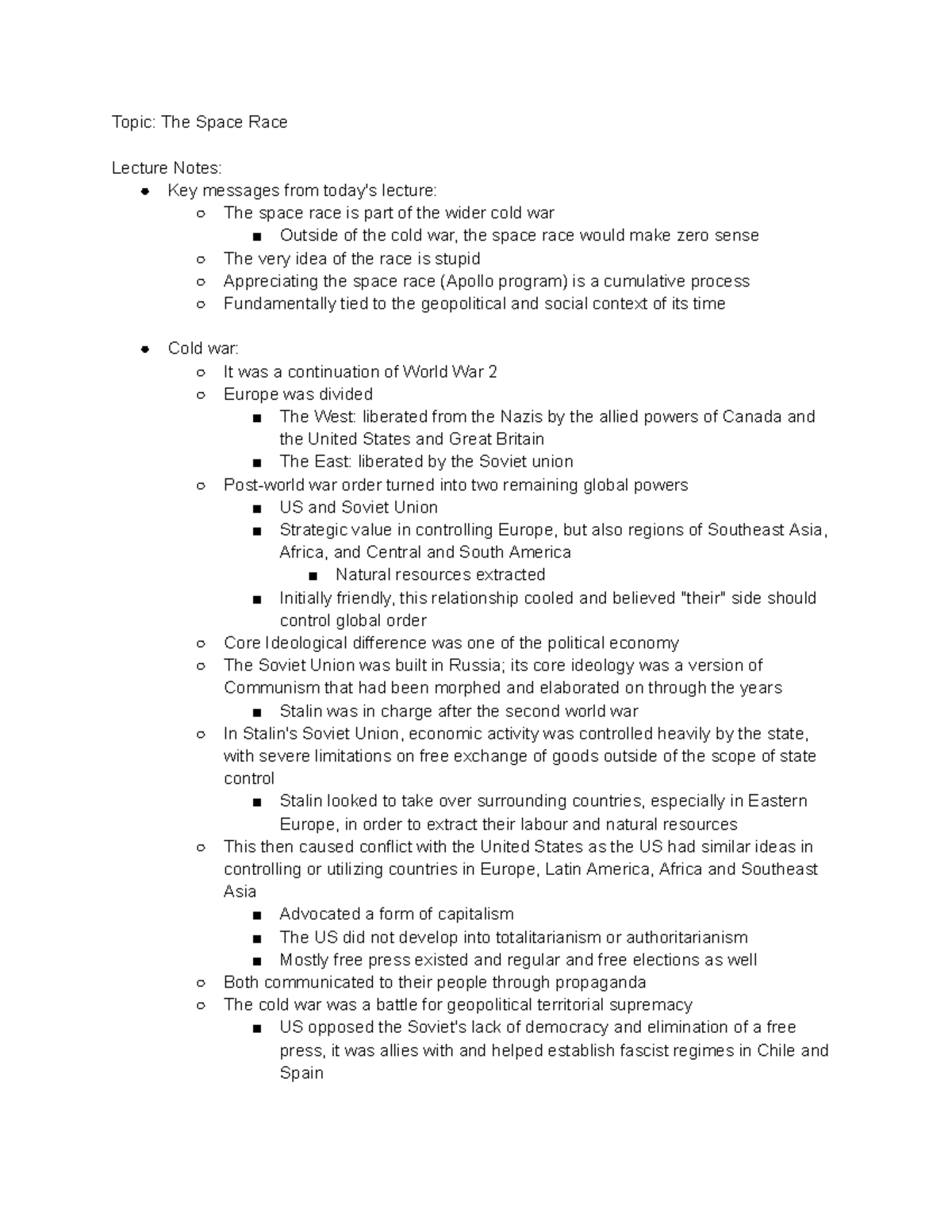 Topic The Space Race - Notes from lecture - Topic: The Space Race ...