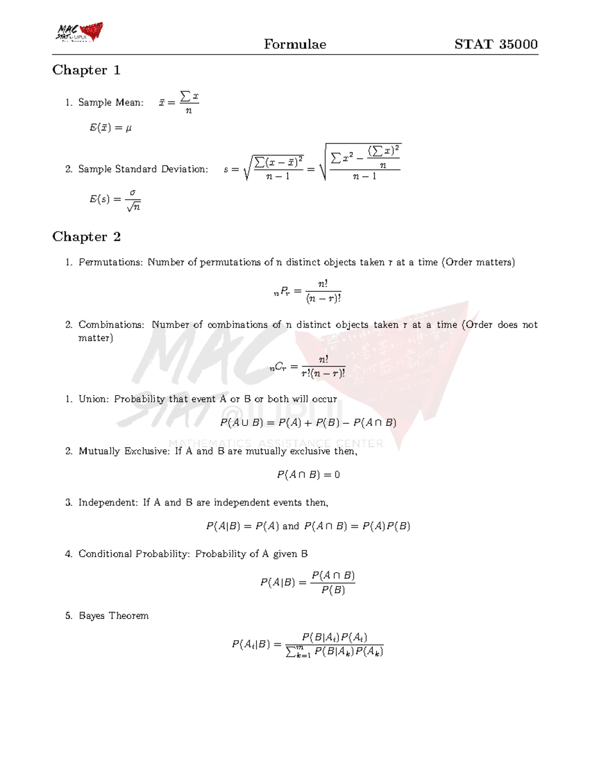 St Stat350 Formulas Stats 350 Important Tables And Notes Chapter 1 Sample Mean ̄x ∑ X N