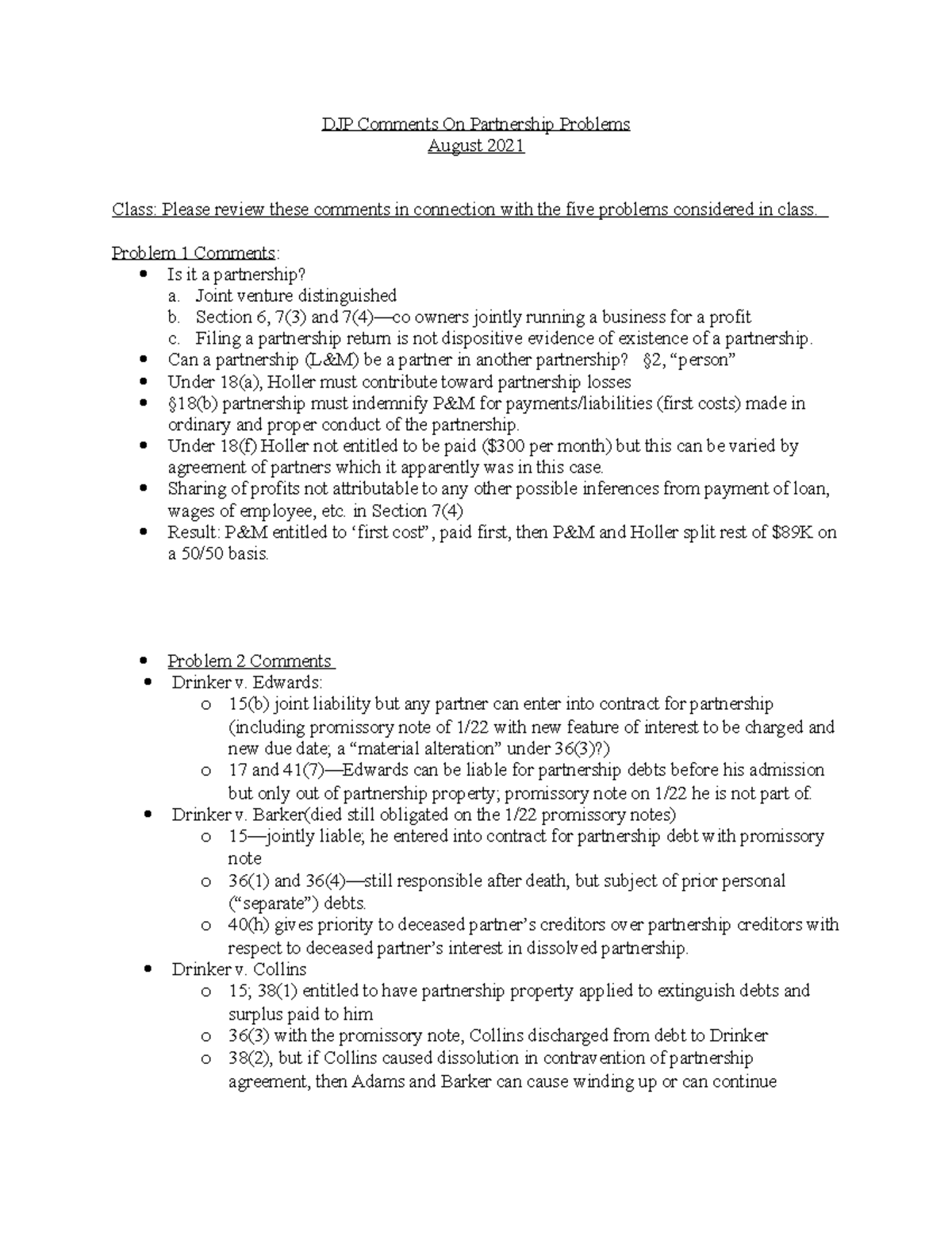 Answers to Partnership Problems - DJP Comments On Partnership Problems ...