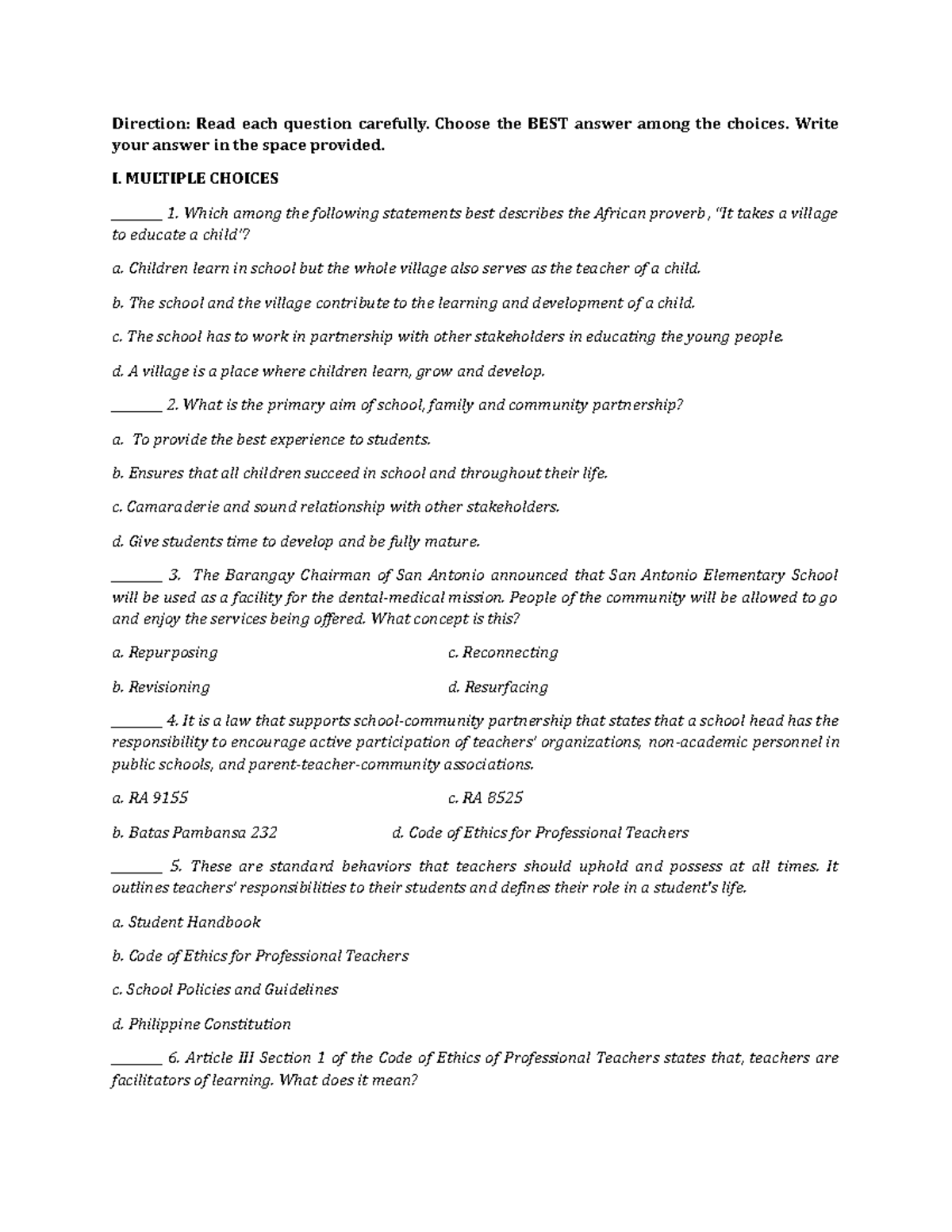 Profed 2-Final-Exam - Final Exam in Prof Ed 2 - Direction: Read each ...