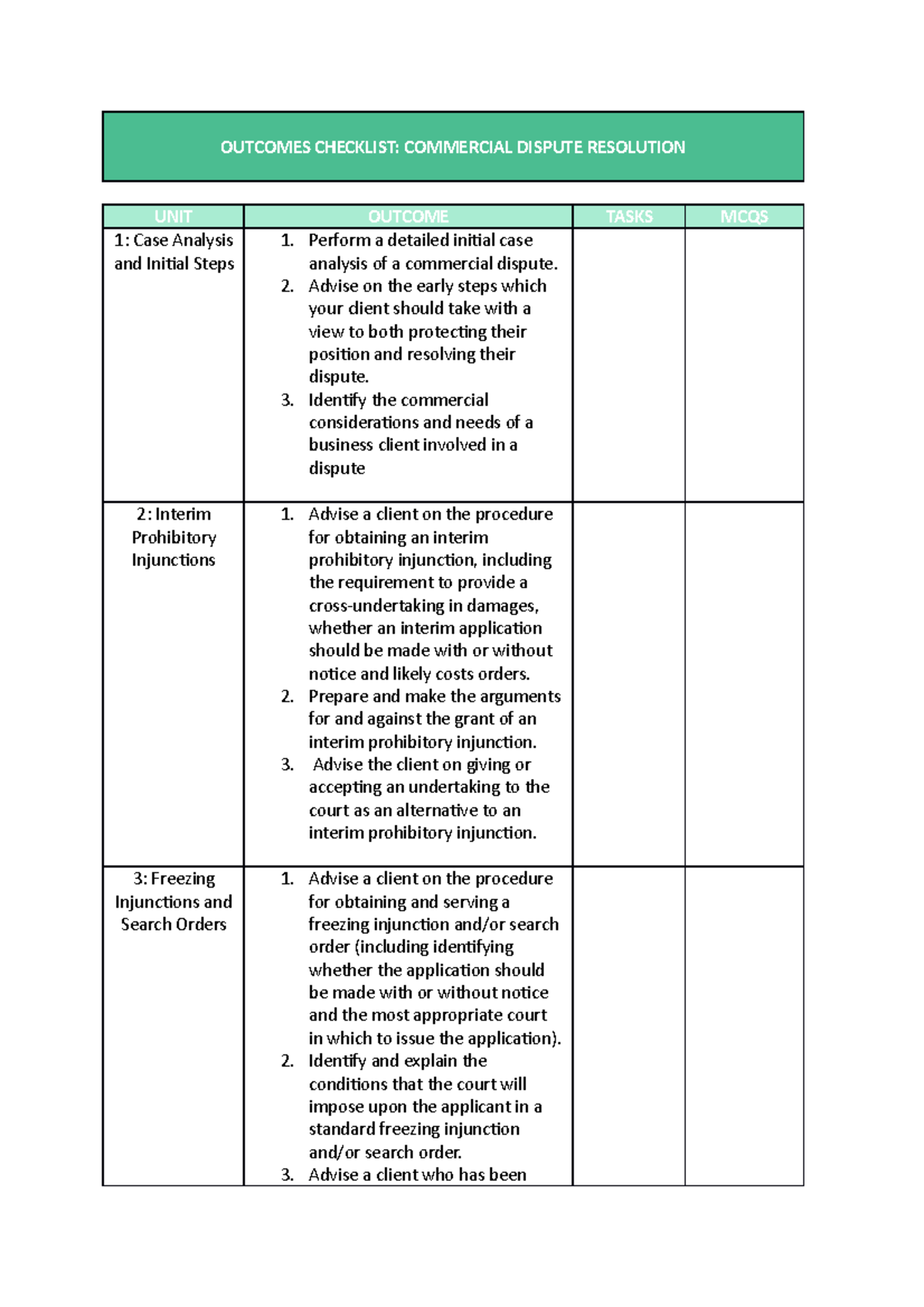 CDR Outcomes Checklist - OUTCOMES CHECKLIST: COMMERCIAL DISPUTE ...