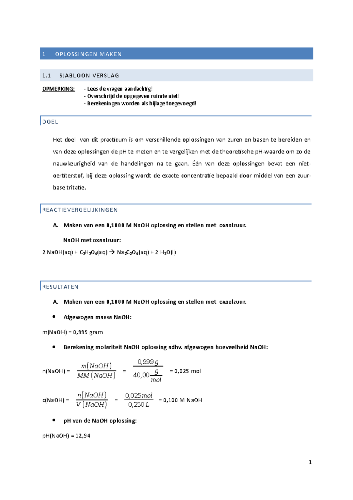 Chemiepracticum - practicumverslag chemie - 1 OPLOSSI NGEN MA KE N 1 ...