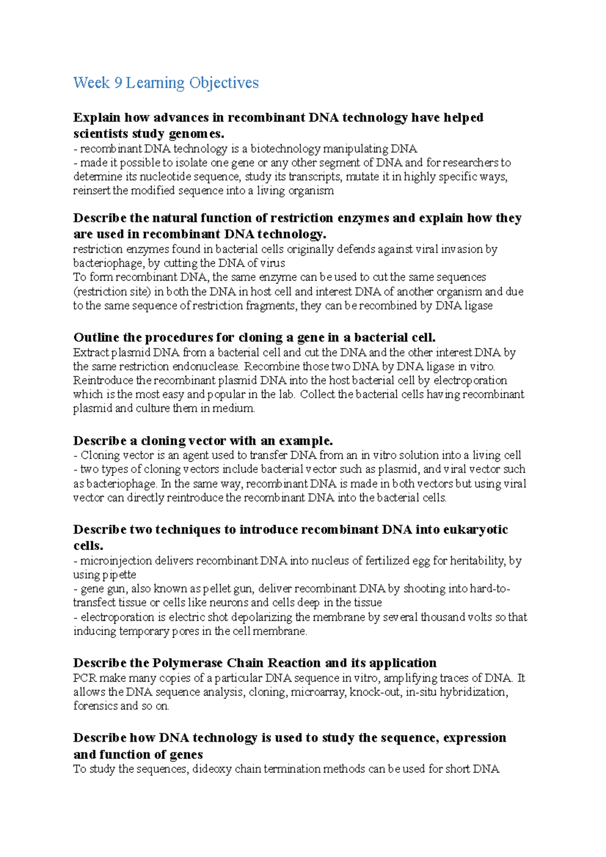 Week 9 learning objectives - Week 9 Learning Objectives Explain how advances in recombinant DNA ...