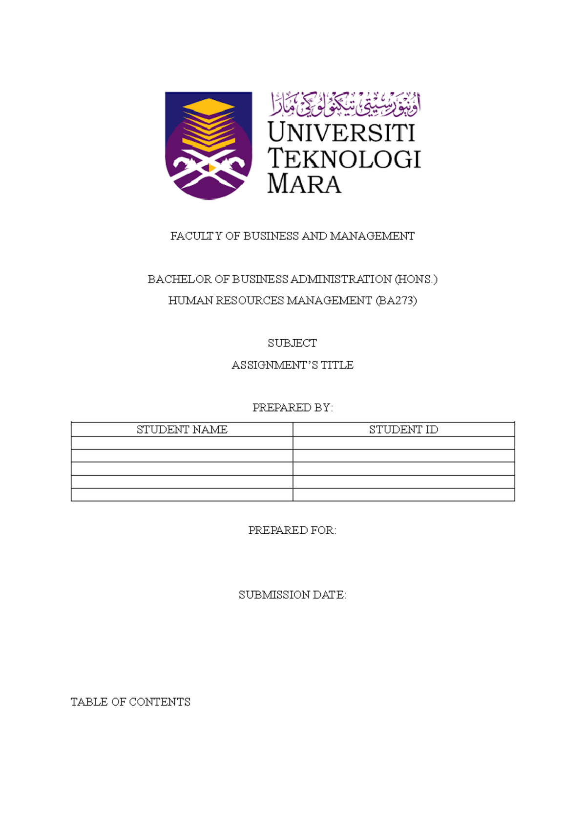Assignments Front PAGE - fundamental of management - FACULTY OF ...