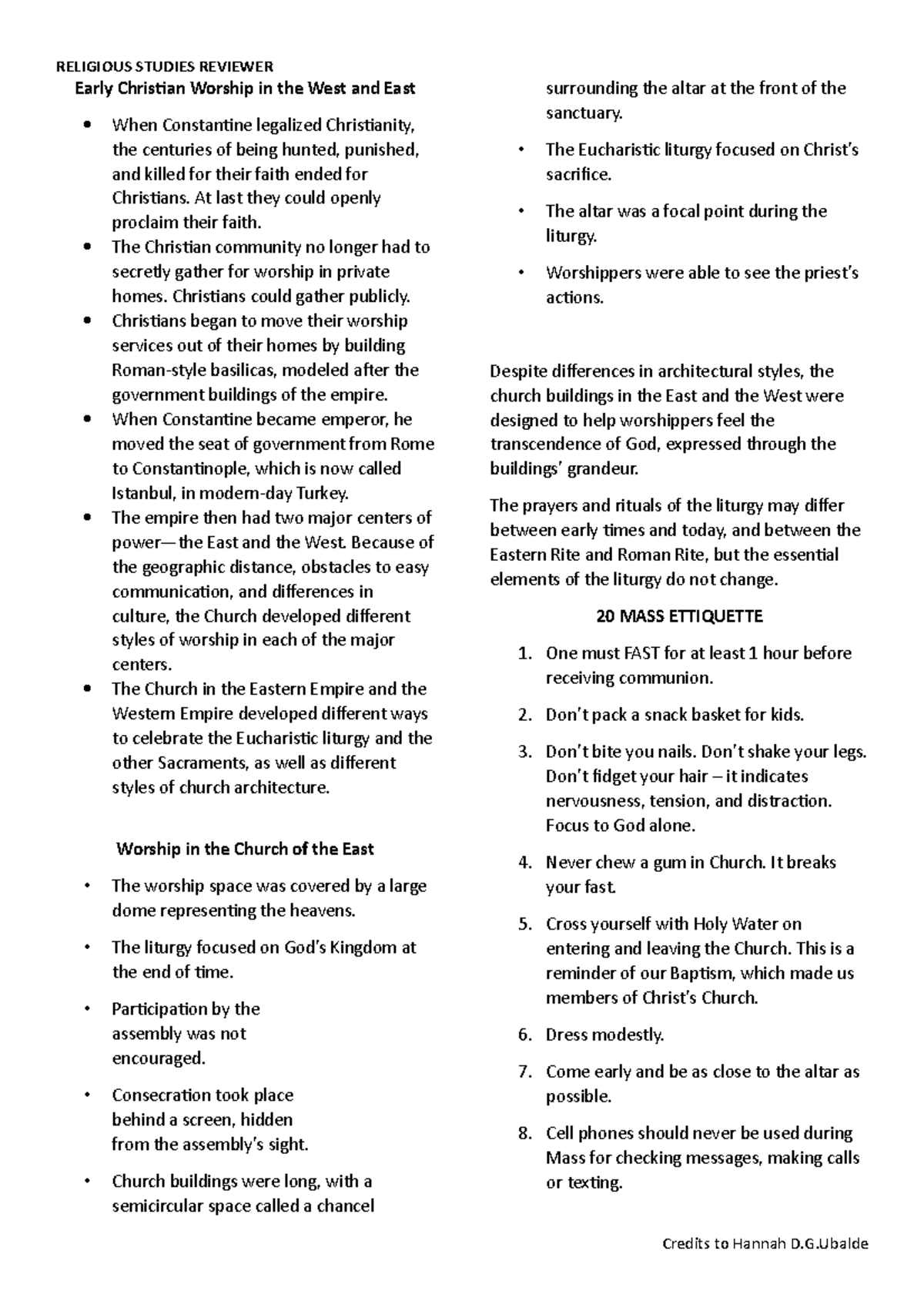 Religious Studies Handout 1 - Early Christian Worship in the West and ...