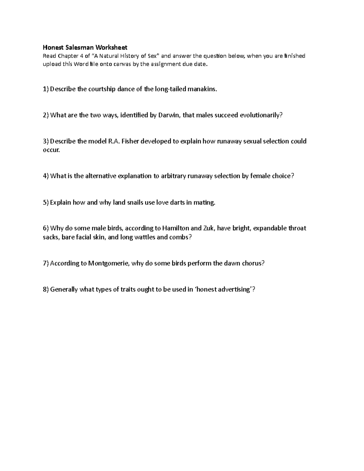 04 Honest Salesman Worksheet - Describe the courtship dance of the long ...