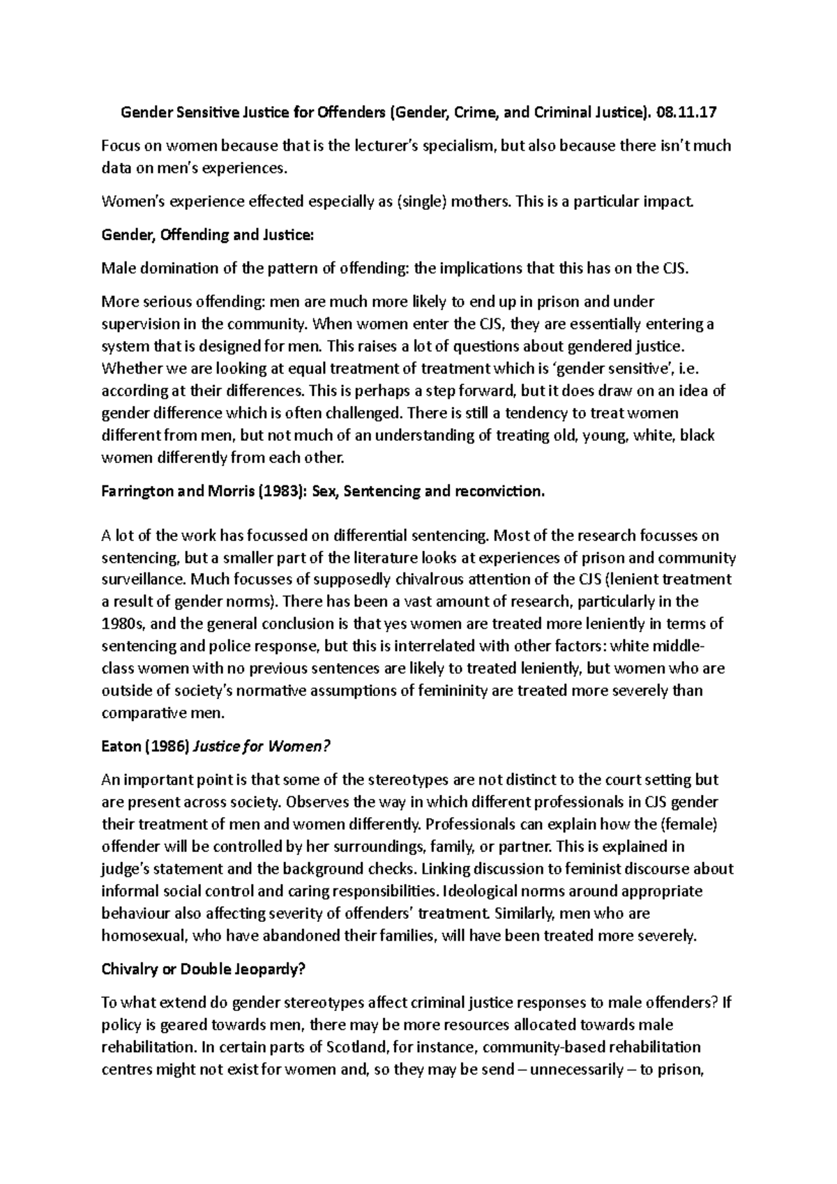 Notes GCCJ 8.11.17 - Gender Sensitive Justice for Offenders (Gender ...