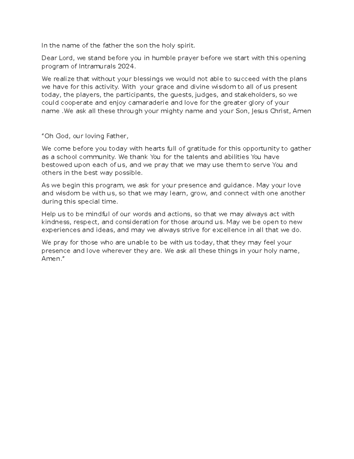 prayer for intrams - In the name of the father the son the holy spirit ...