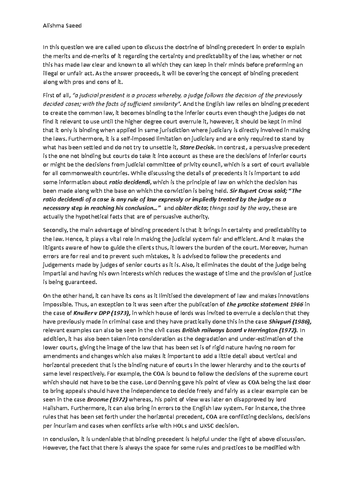 Alishma Precedent Q1 - sample answers - Criminal Law - SZABIST - Studocu