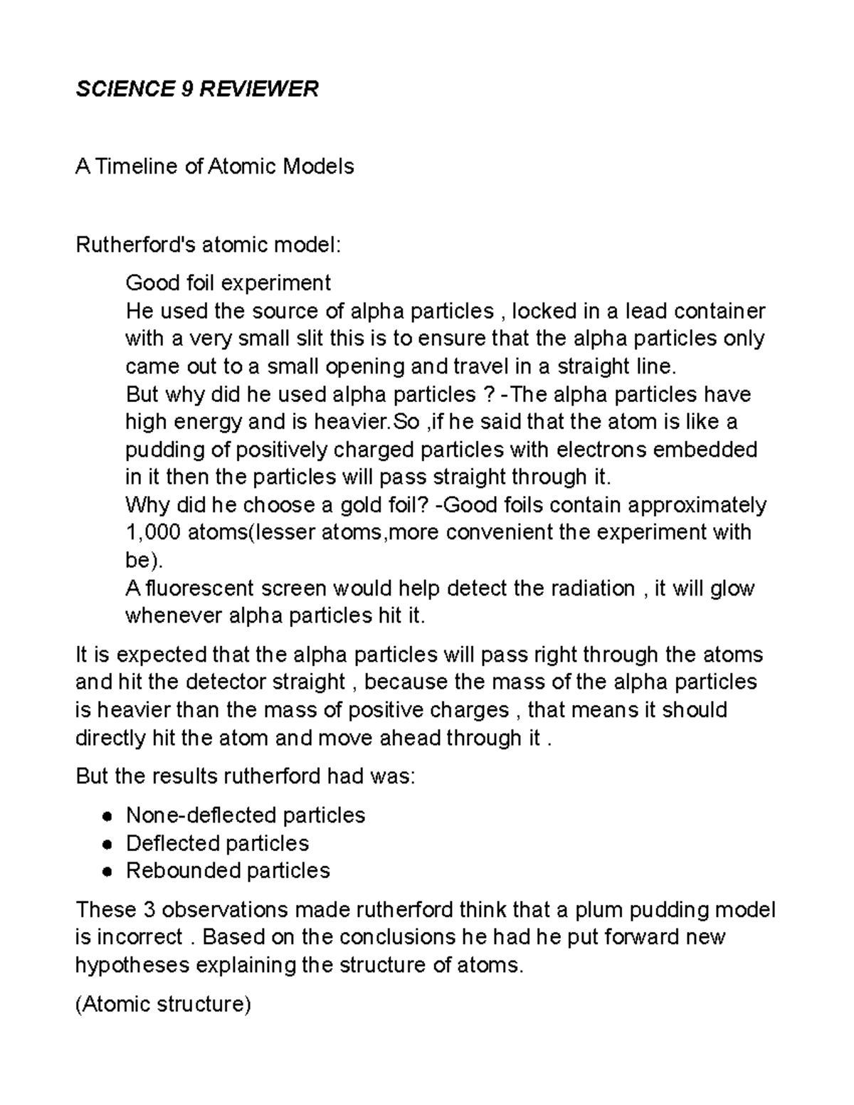 Science-9- Reviewer - SCIENCE 9 REVIEWER A Timeline of Atomic Models ...