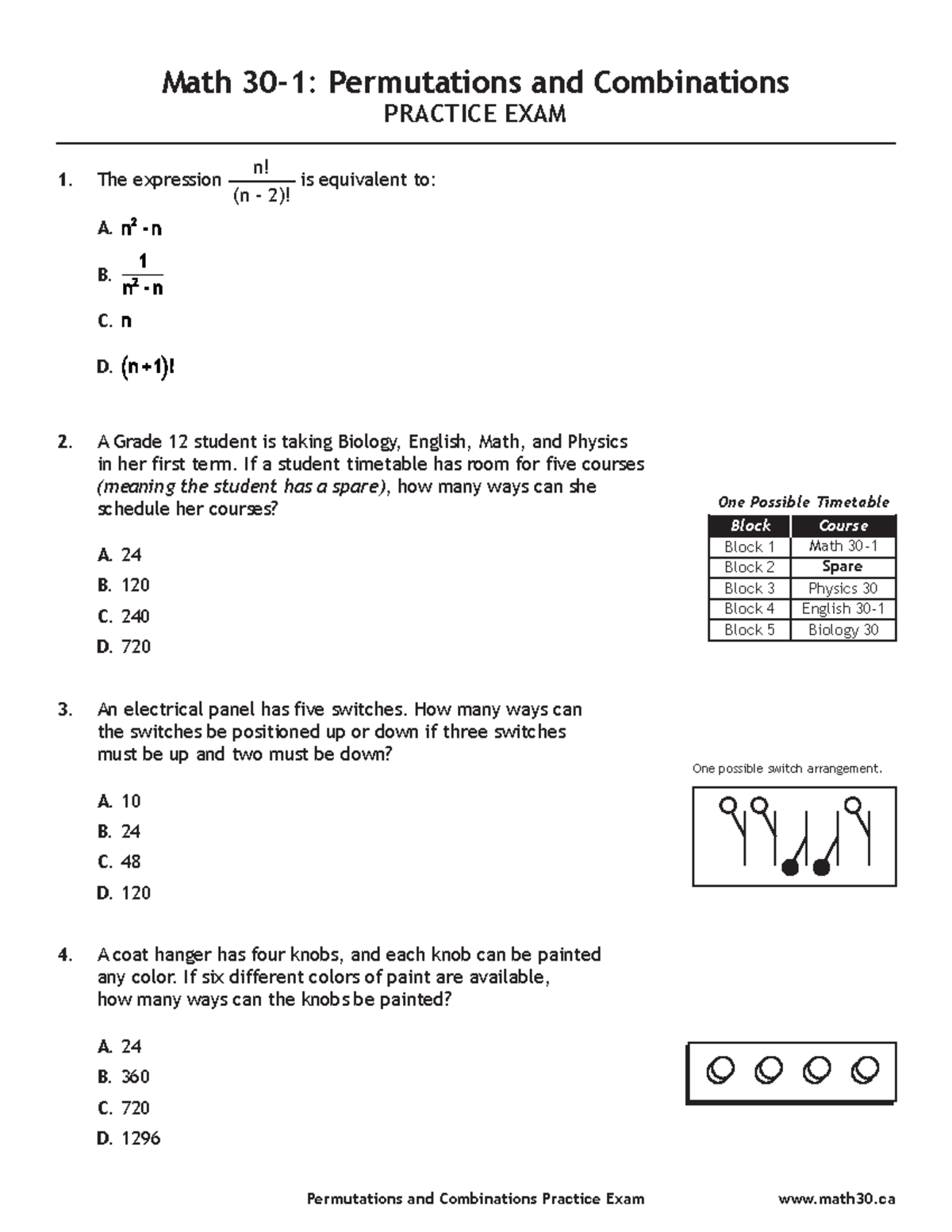 Math Practice Questionss Math 30 1 Permutations And Combinations