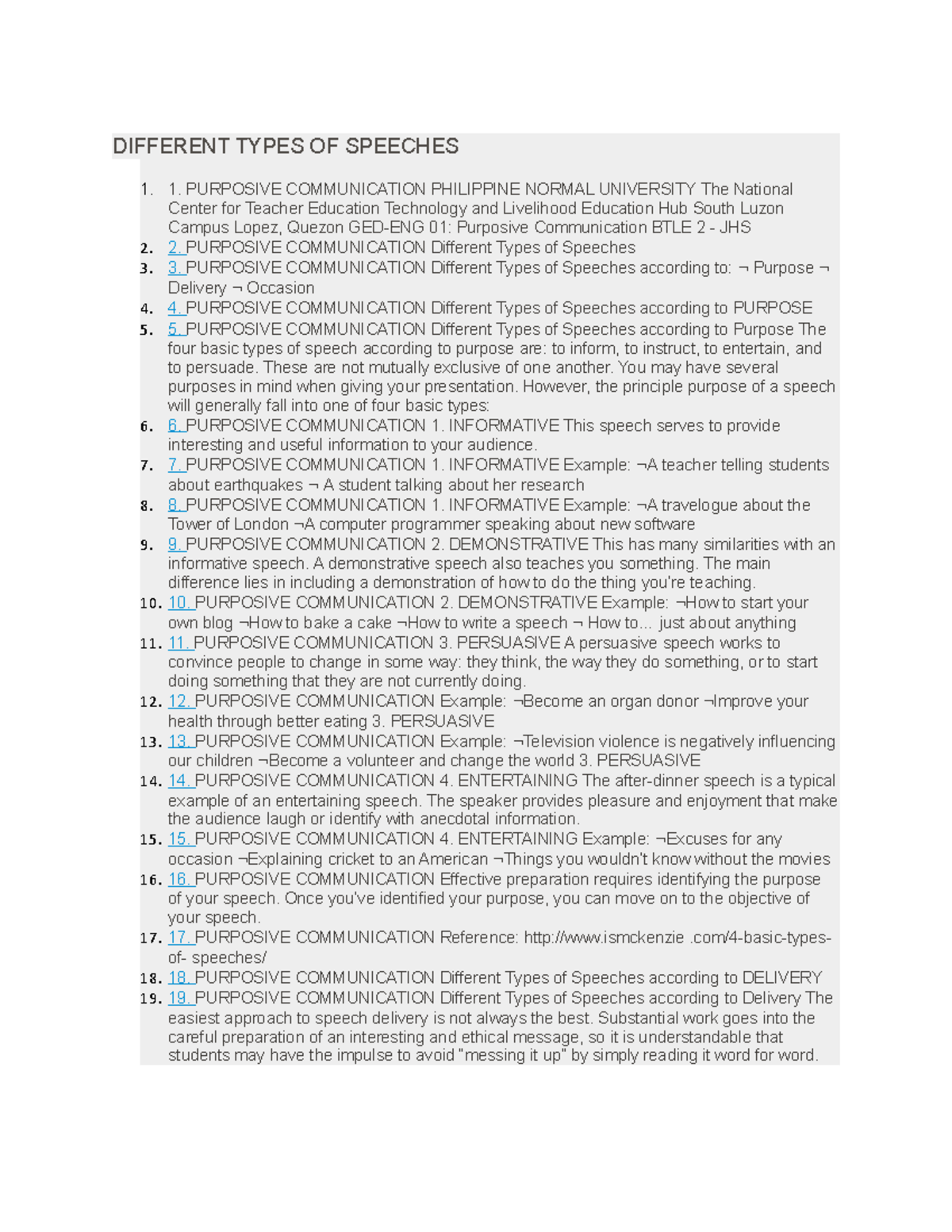 Different Types OF Speeches - These are not mutually exclusive of one ...