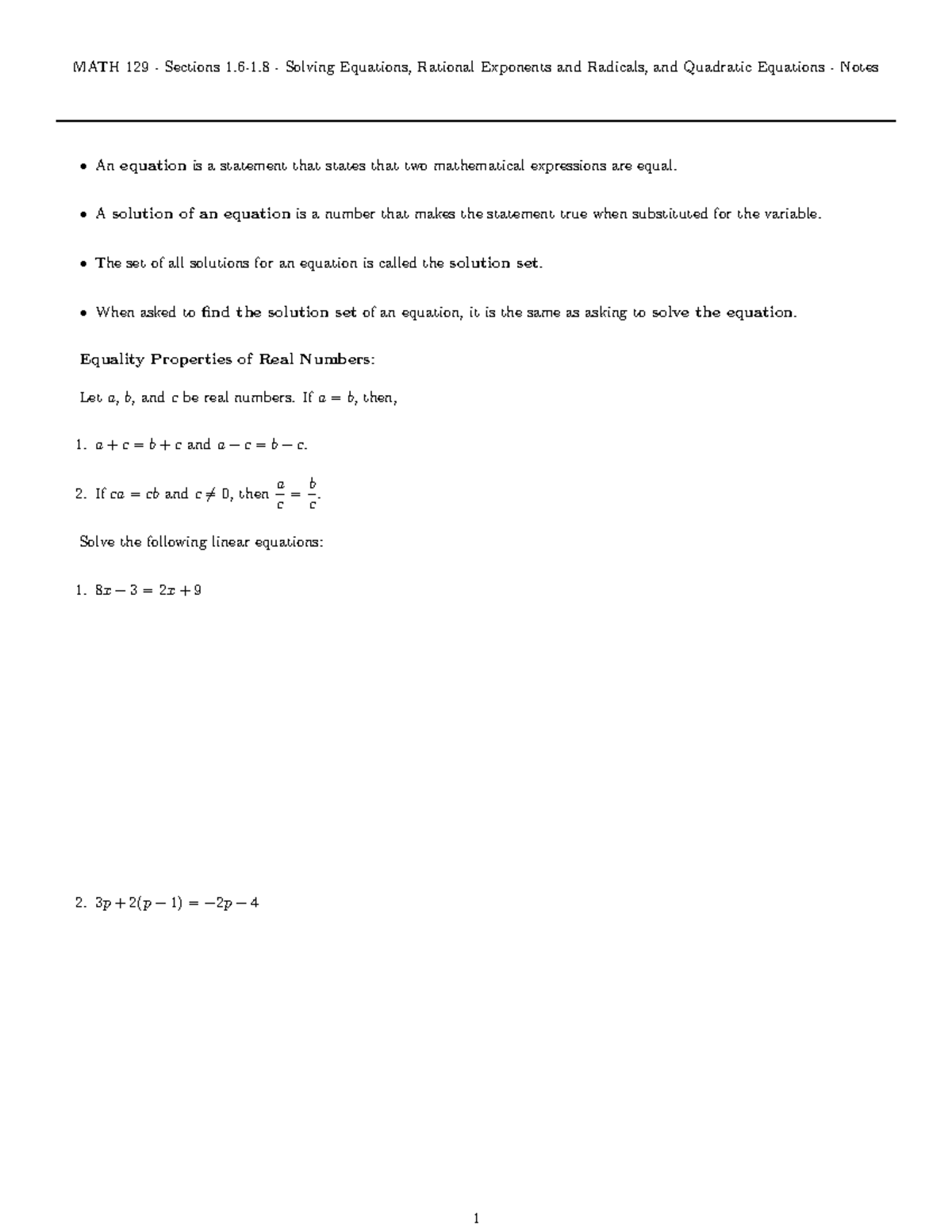 MATH129 Fall2022Sections 1 - MATH 129 - Sections 1.6-1 - Solving ...