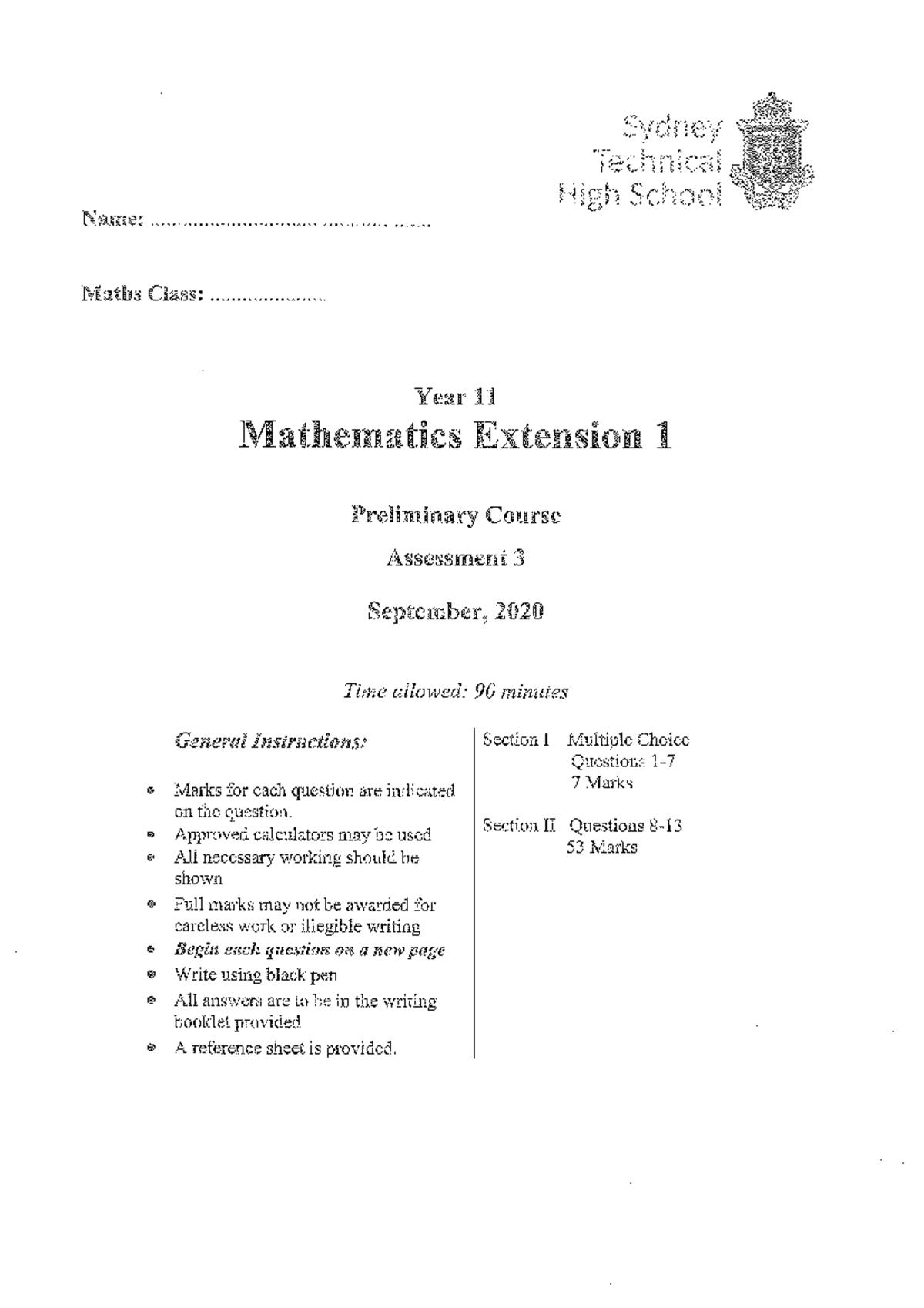 Yearly 2020 - Sydney Tech Mathematics Extension 1 Paper - Sydney ...