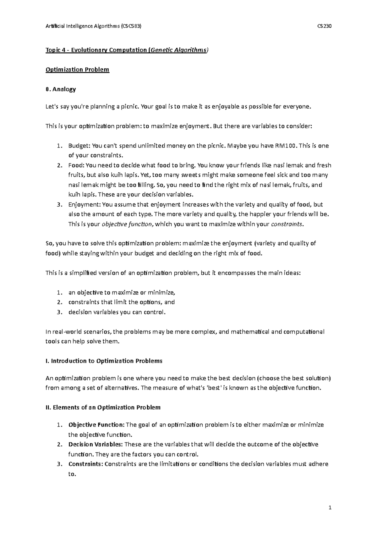 1 Optimization - artifical intteligence - Ar#ficial Intelligence Algorithms (CSC583) CS 1 Topic ...