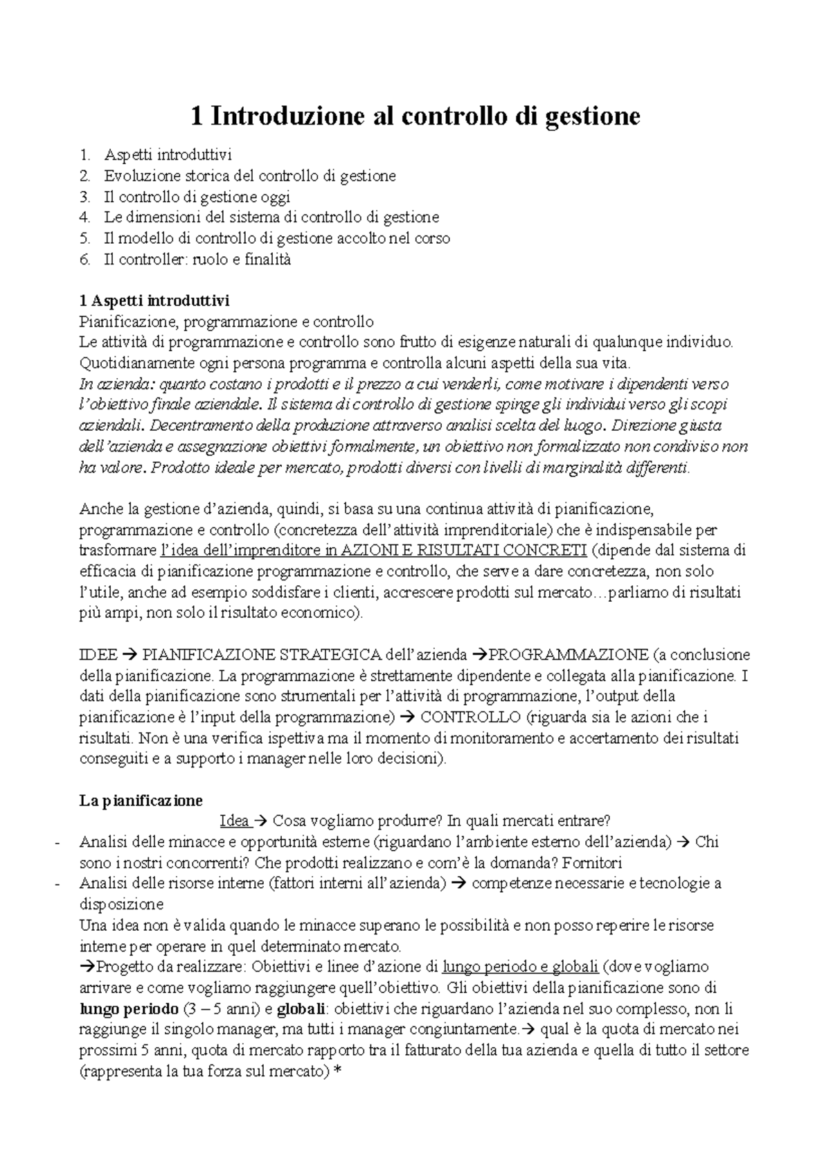 1 Introduzione al controllo di gestione - 1 Introduzione al controllo di gestione Aspetti - Studocu