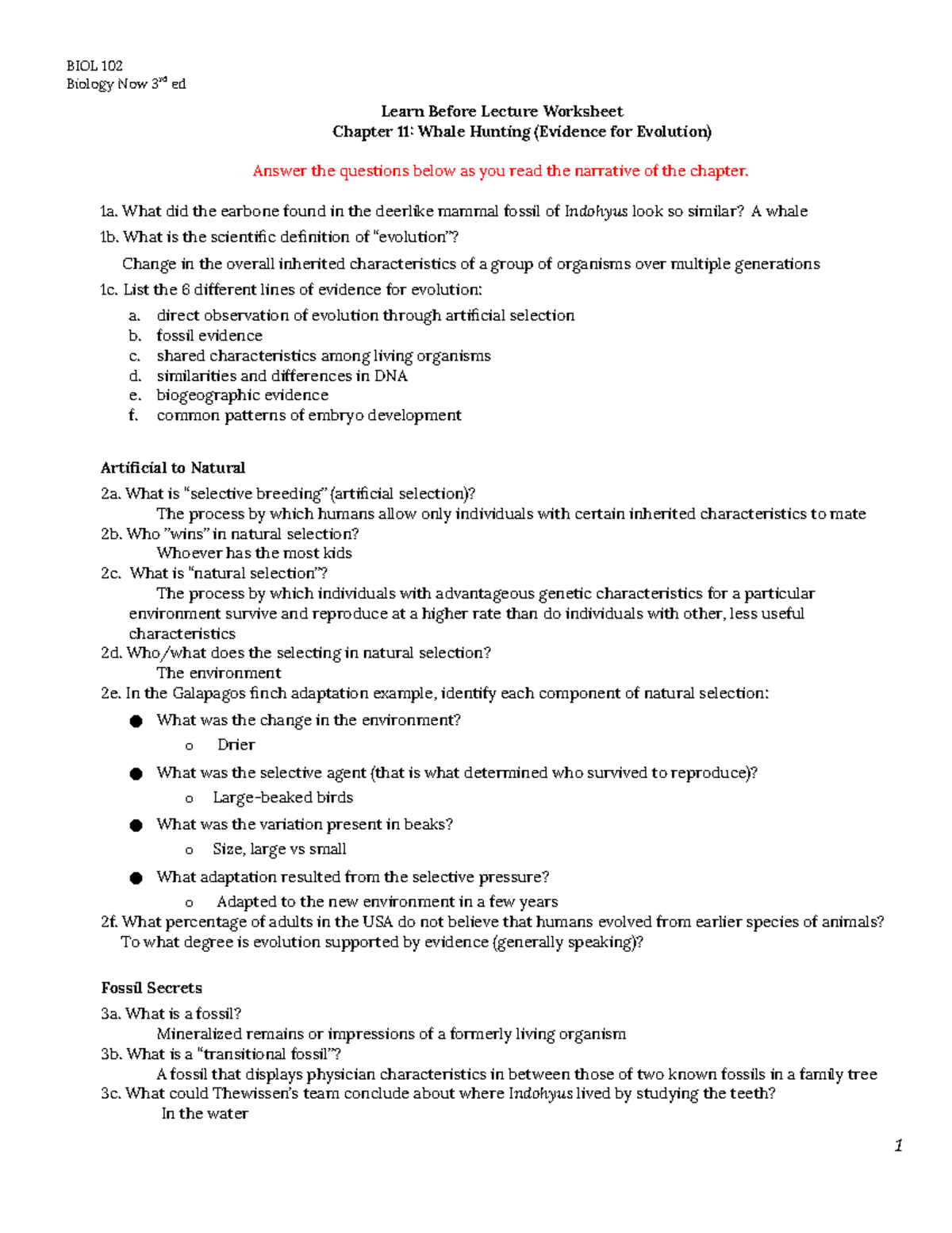 LBL-7 Ch. 11- Evidence for Evolution - BIOL 102 Biology Now 3rd ed ...