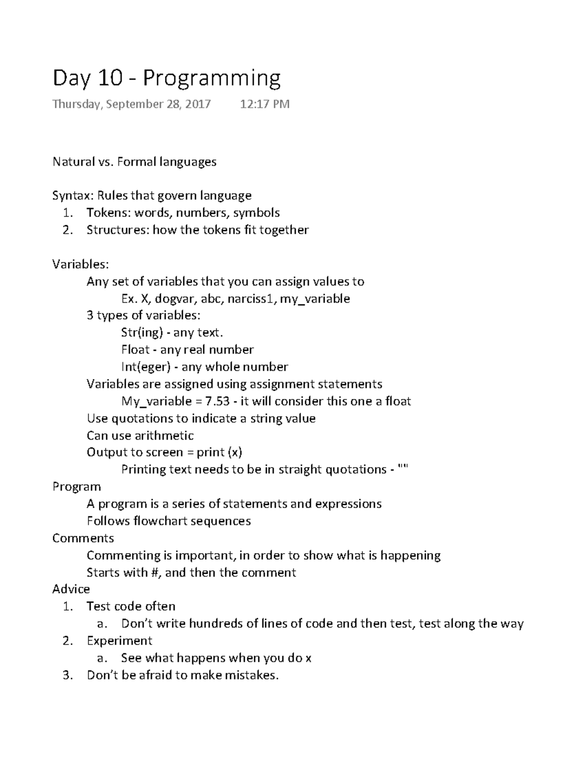 Day 10 Programming Lecture Notes 10 Day 10 Programming Thursday September 28 2017 12