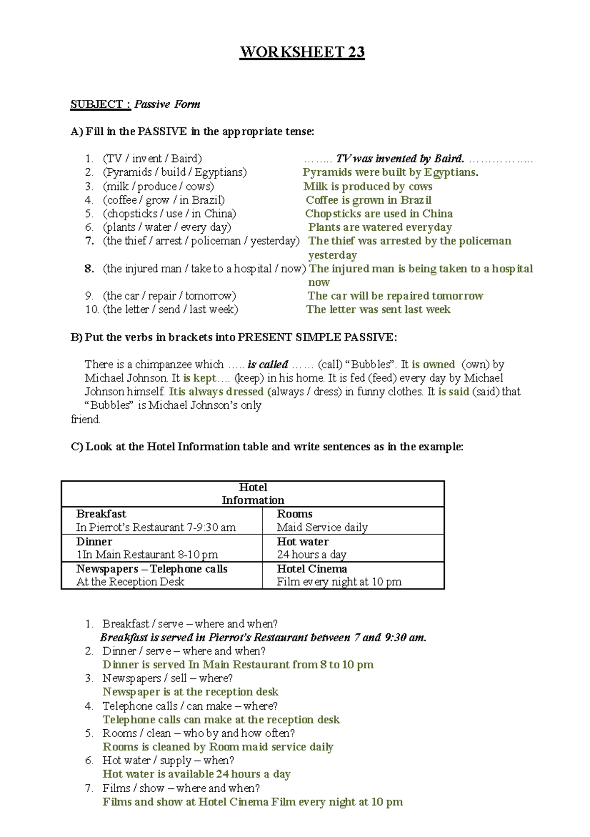 Passive voice worksheet - WORKSHEET 23 SUBJECT : Passive Form A) Fill ...
