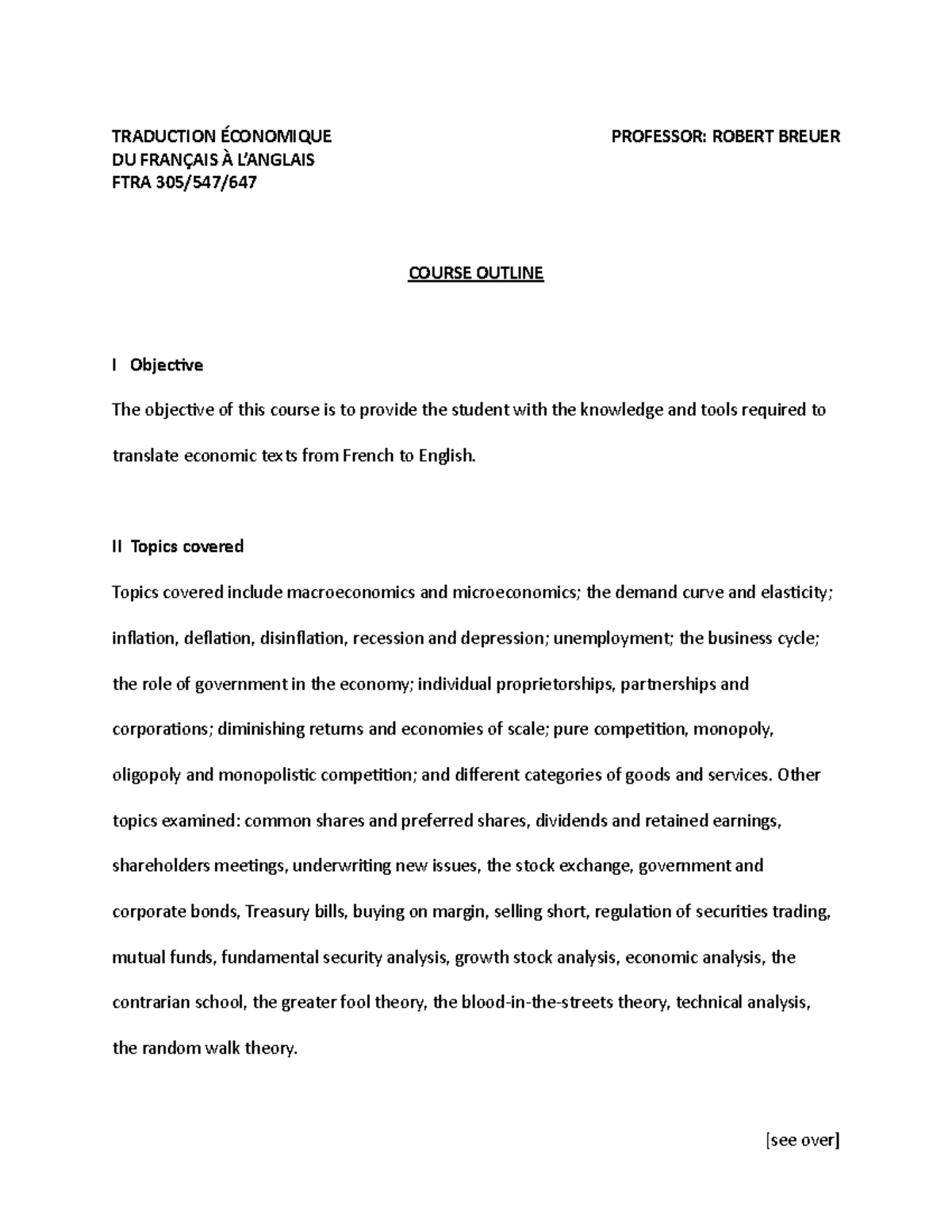 Course Outline FTRA 305 547 647 Economic Translation FALL 2020 ...