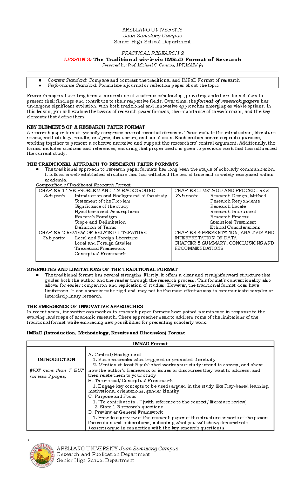 Traditional VS Imrad Format - ARELLANO UNIVERSITY-Juan Sumulong Campus ...
