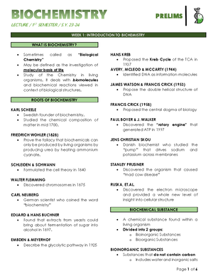 Biochem Prelims - ..... - INTRO TO BIOCHEMISTRY Sometimes called as “Biological Chemistry” May ...