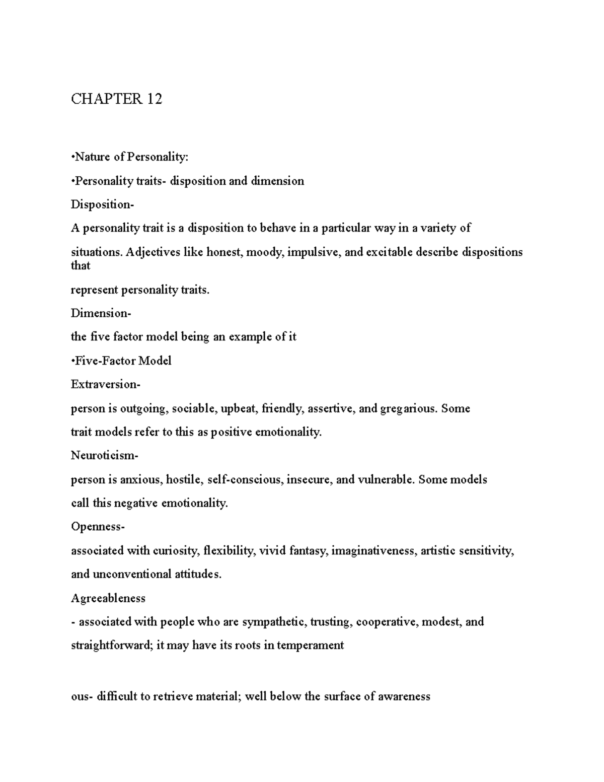 Notes - CHAPTER 12 •Nature of Personality: •Personality traits ...