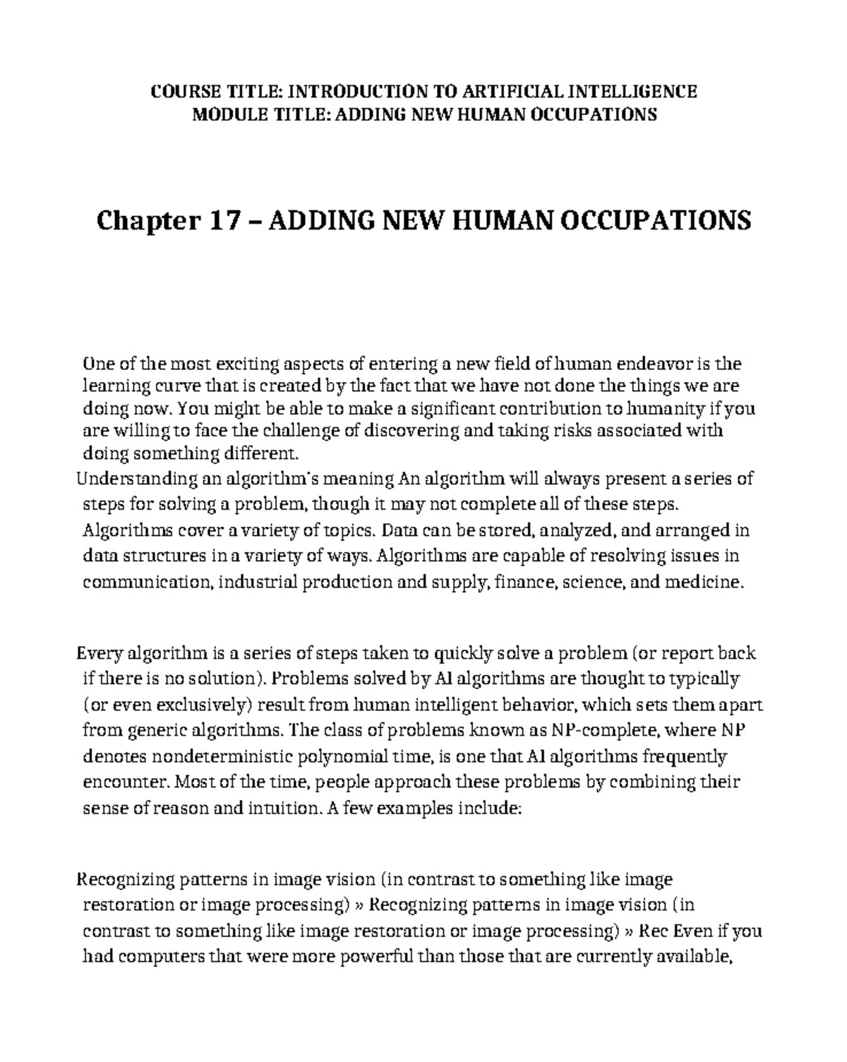 WEEK 17 Introduction TO Artificial Intelligence WEEK 17 - MODULE TITLE: ADDING NEW HUMAN ...