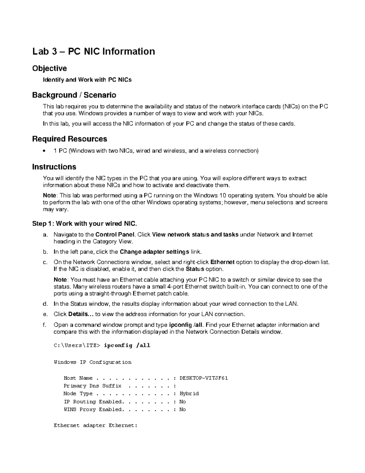 Lab 3 - PC NIC information - Lab 3 – PC NIC Information Objective ...