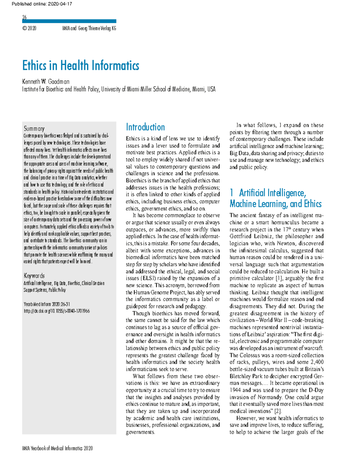 Ethics in Health Informatics - 26 © 2020 IMIA and Georg Thieme Verlag KG Ethics in Health - Studocu