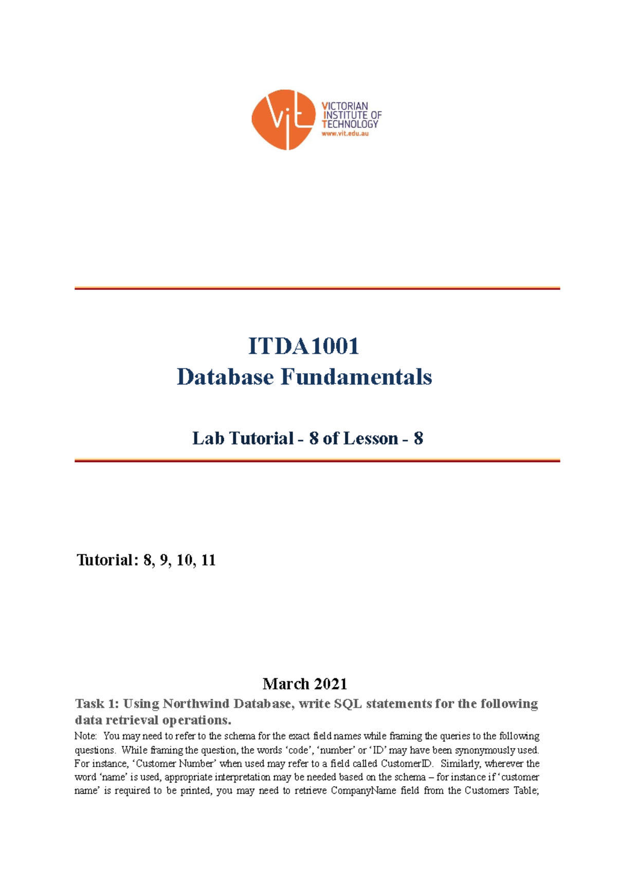 Tutorial 8,9,10,11 completed sql queries - ITDA Database Fundamentals ...
