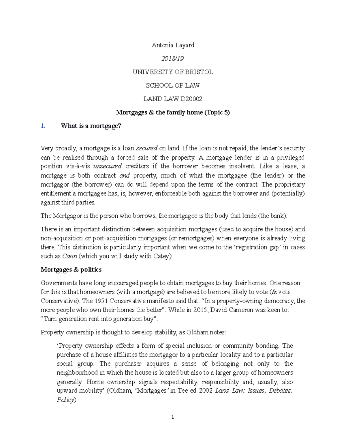 Mortgages lecture notes - Antonia Layard 2018/ UNIVERSITY OF BRISTOL ...