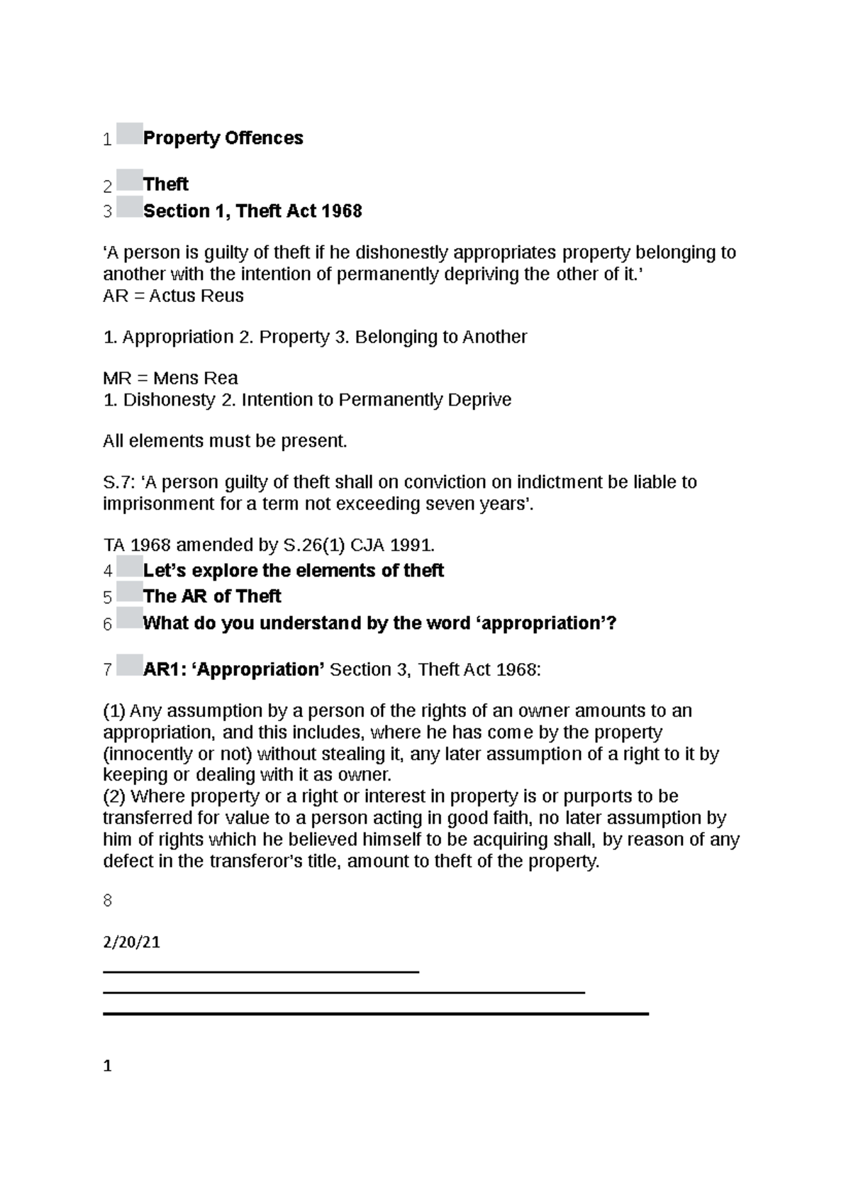 Property offences - detailed notes with excellent case law - 1 Property ...