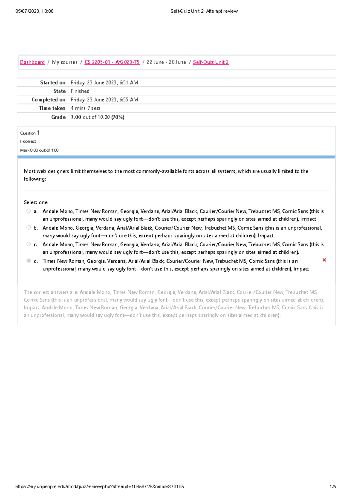 Self-Quiz Unit 2 Attempt review - Started on Friday, 23 June 2023, 6:51 AM State Finished ...
