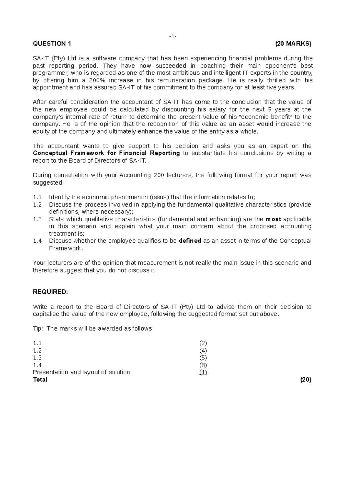 Conceptual Framework class question - QUESTION 1 (20 MARKS) SA-IT (Pty) Ltd is a software ...