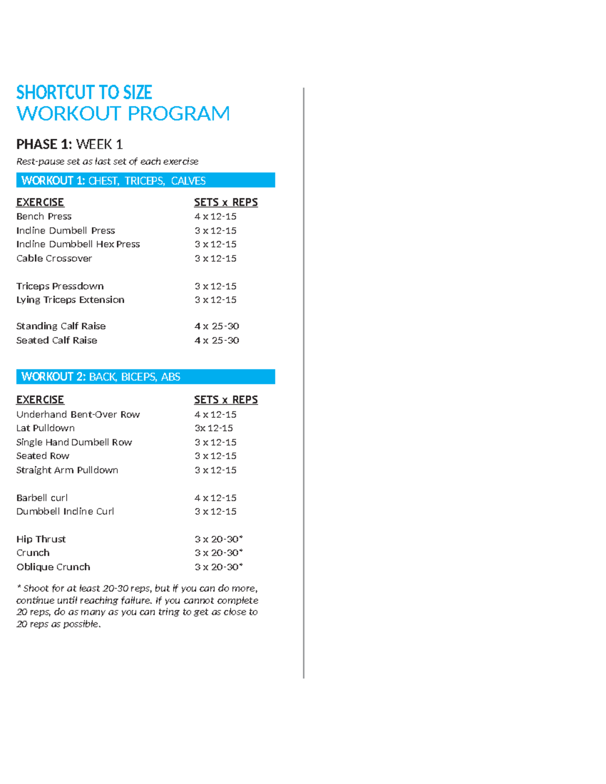 476390103-Workout-Plan - SHORTCUT TO SIZE WORKOUT PROGRAM PHASE 1: WEEK ...