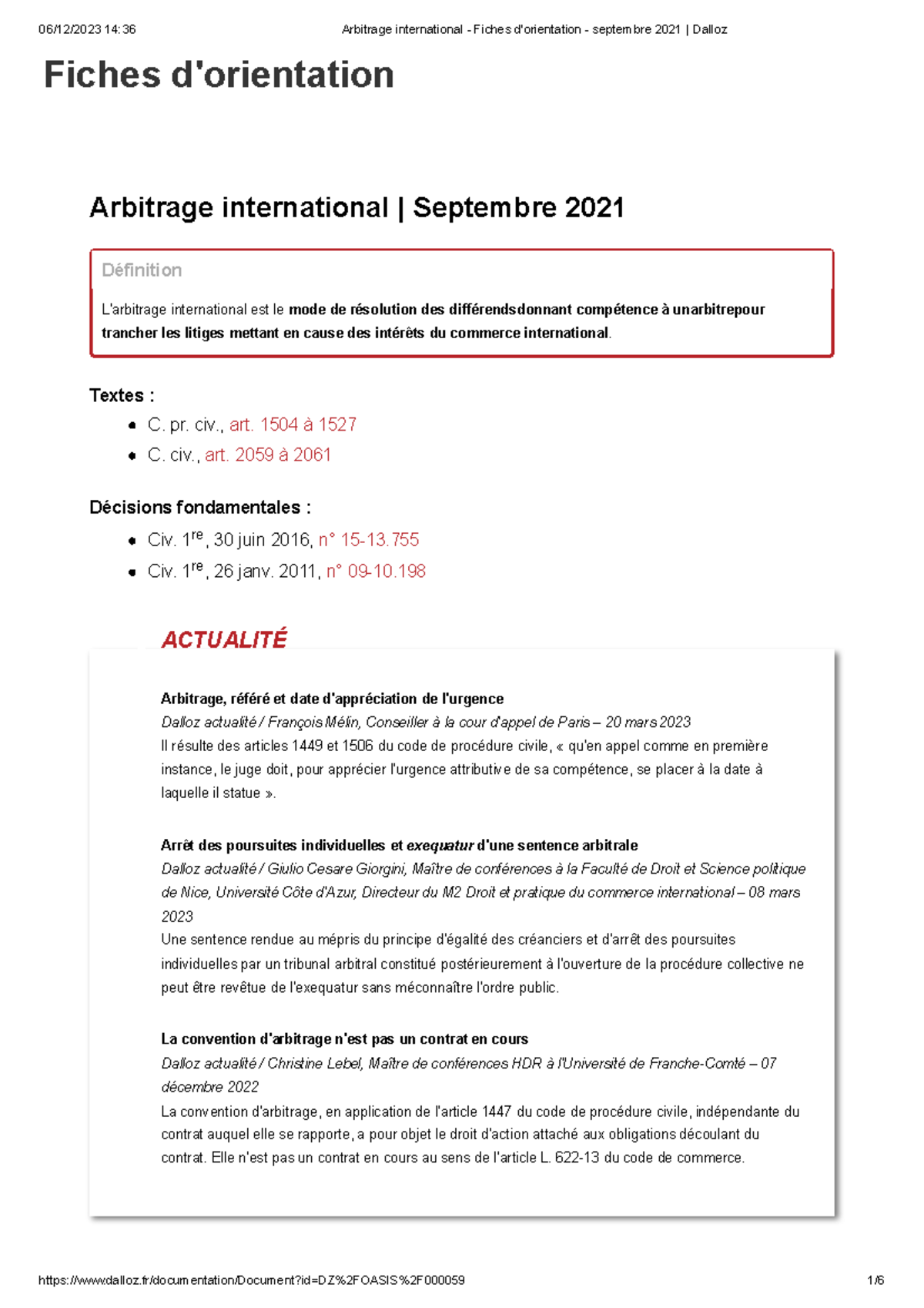 Arbitrage international - Fiches d'orientation - septembre 2021 Dalloz ...