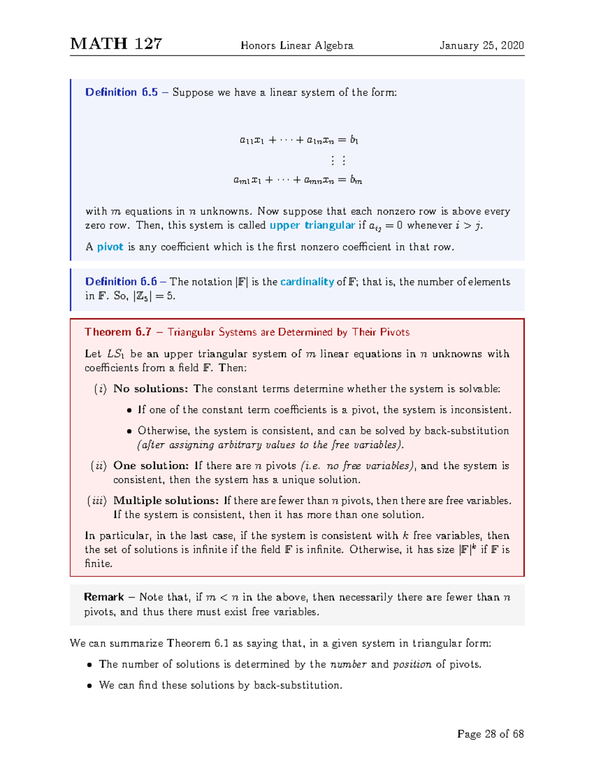 MATH 235-28 - Lecture notes 28 - MATH 127 Honors Linear Algebra January ...