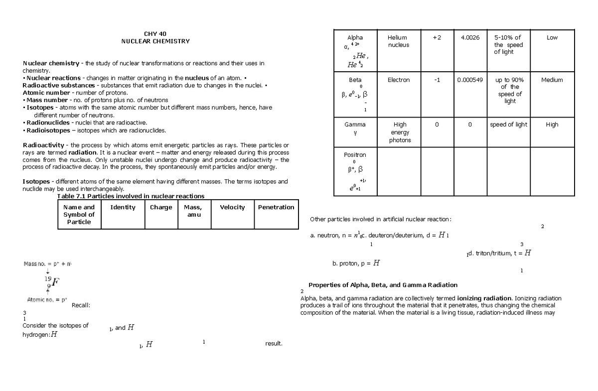 Unit IV Nuclear Chemistry - CHY 40 NUCLEAR CHEMISTRY Nuclear chemistry ...