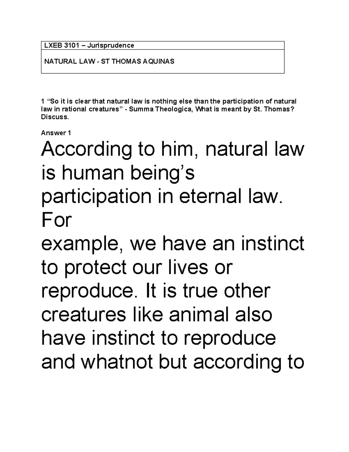 Tutorial - Natural LAW - ST.T. Aquinas - LXEB 3101 – Jurisprudence ...