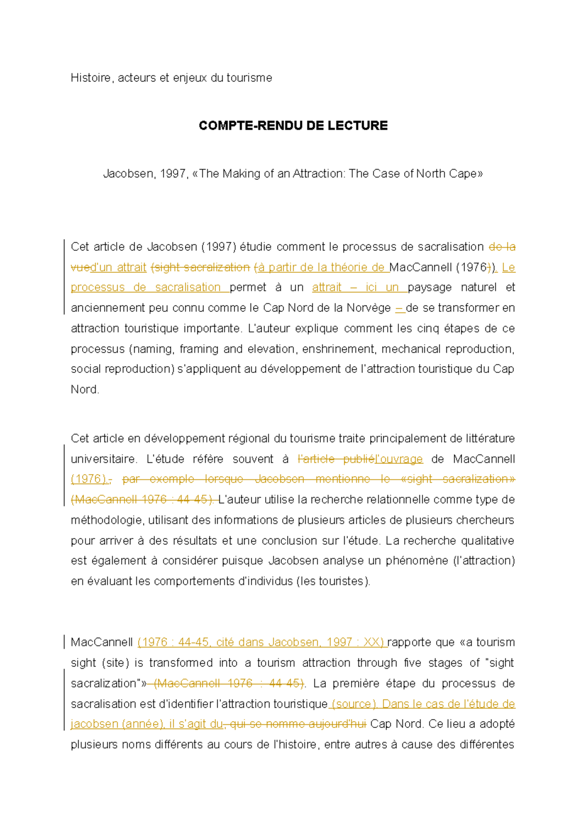 EUT1123 Compte Rendu - Histoire, acteurs et enjeux du tourisme COMPTE-RENDU DE LECTURE Jacobsen ...