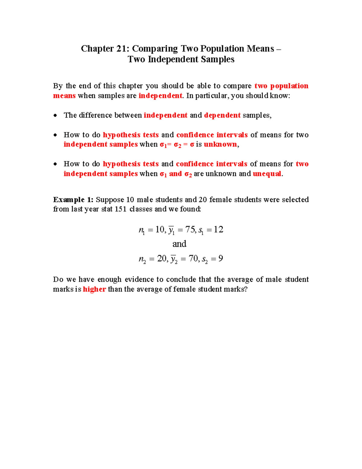 #16 Stat151 - Chapter 21 - Chapter 21: Comparing Two Population Means ...