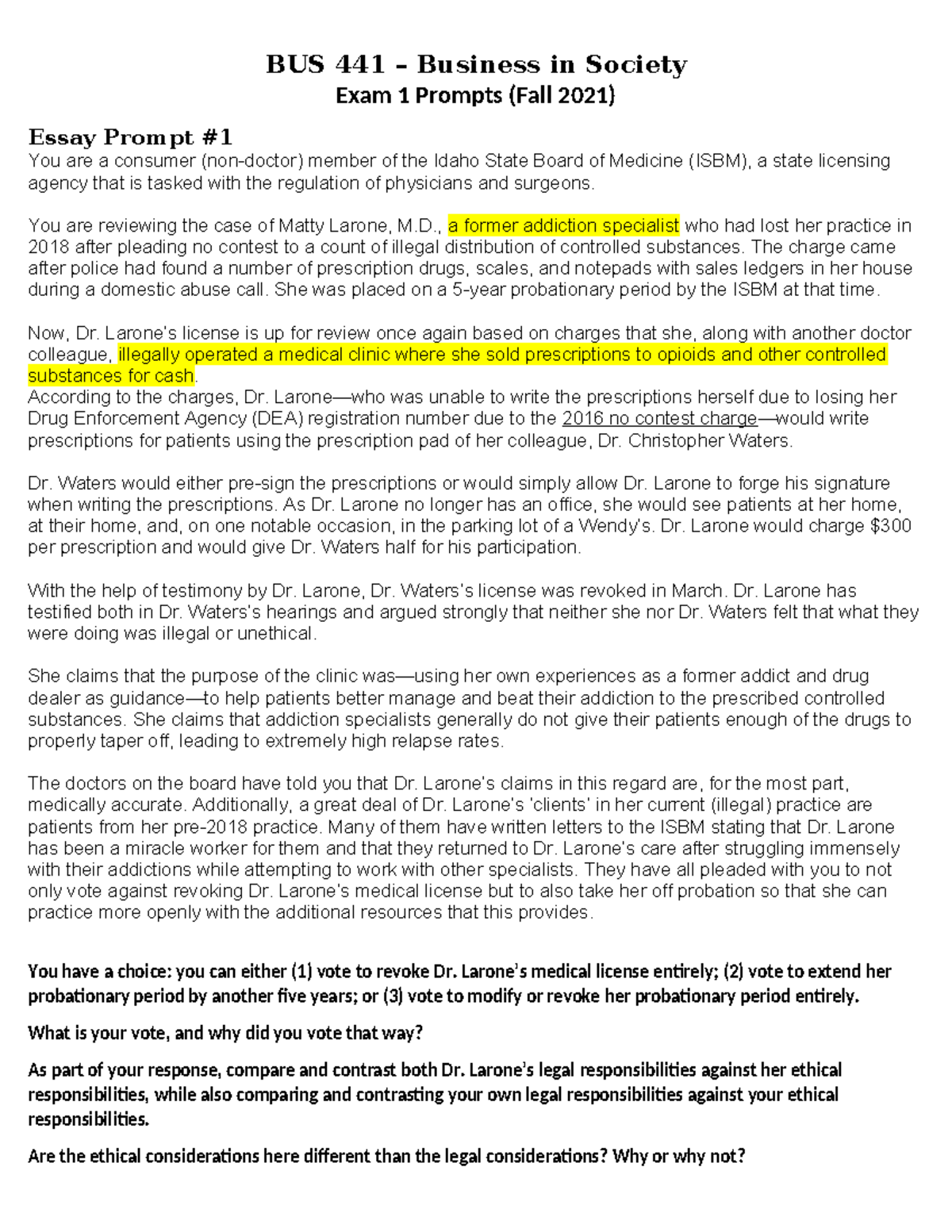 Exam1-1 - Exam1-1 - BUS 441 – Business in Society Exam 1 Prompts (Fall ...