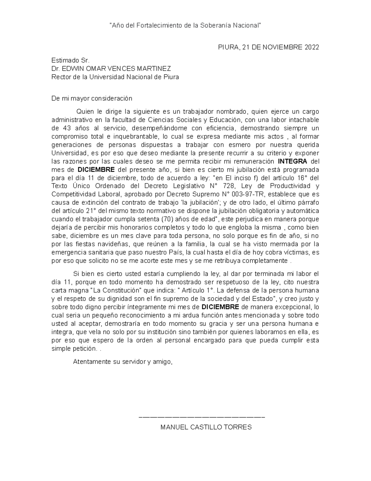 Carta UNP - “Año del Fortalecimiento de la Soberanía Nacional” PIURA ...