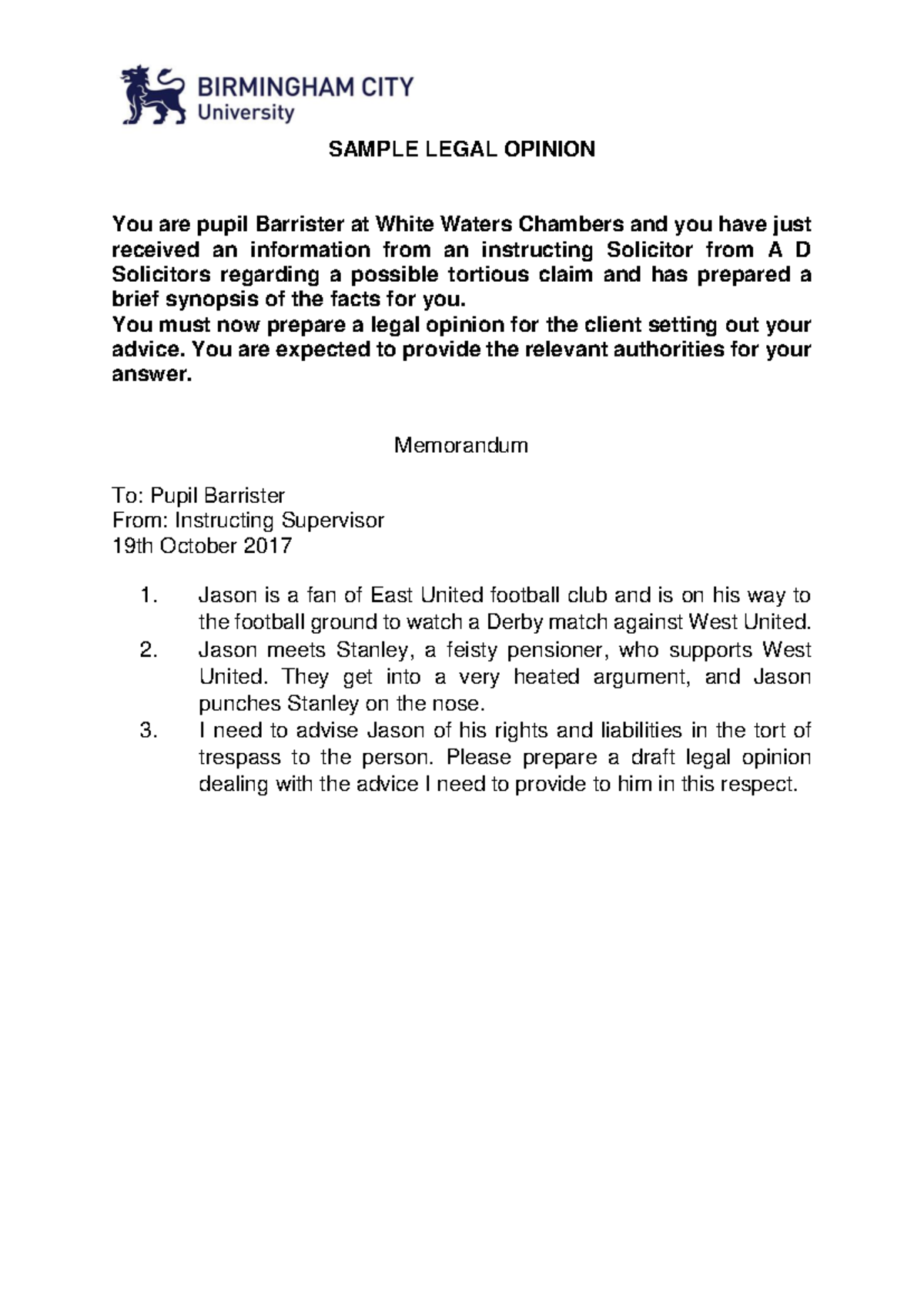 Legal Opinion - Model Answer - SAMPLE LEGAL OPINION You are pupil ...