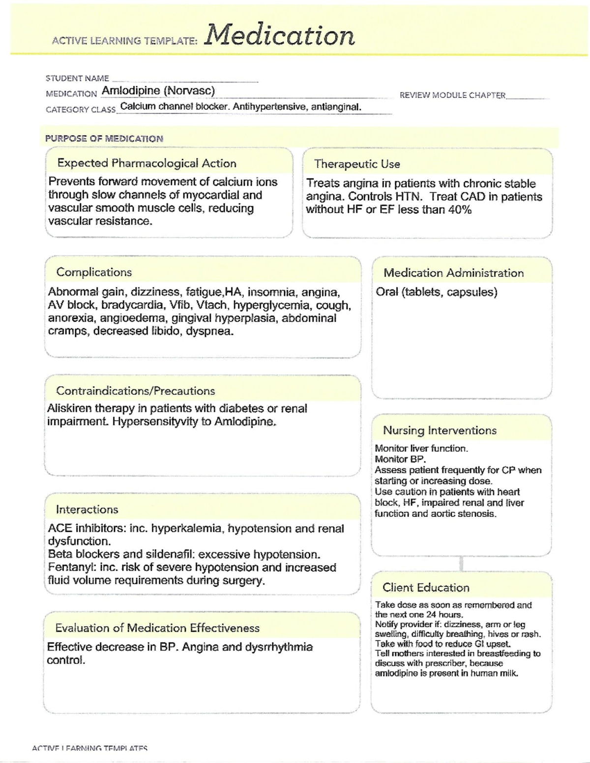 Amlodipine - med card - NUR1015 - Studocu